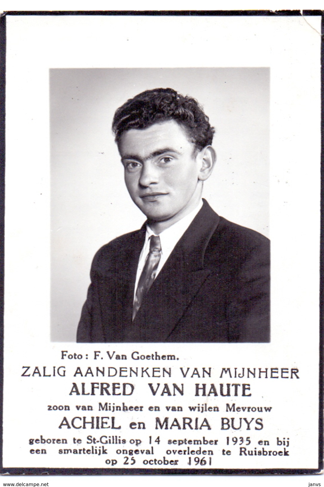 Overlijden - Devotie Devotion Doodsprentje Alfred Van Haute - St-Gillis ...