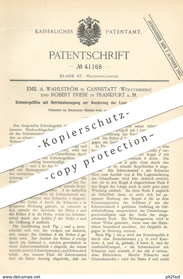 Historische Dokumente - original Patent - Emil A. Wahlström , Cannstatt ...