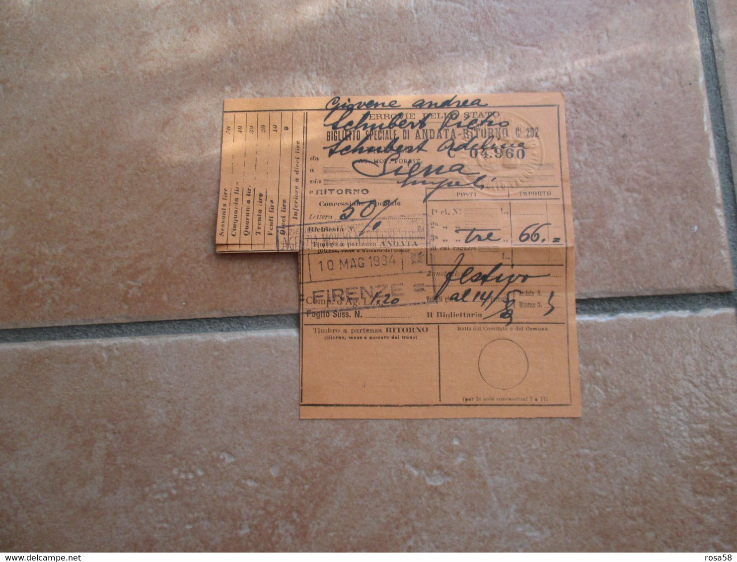 Europe - 1934 Biglietto speciale ANDATA RITORNO Siena Napoli Ferrovie ...