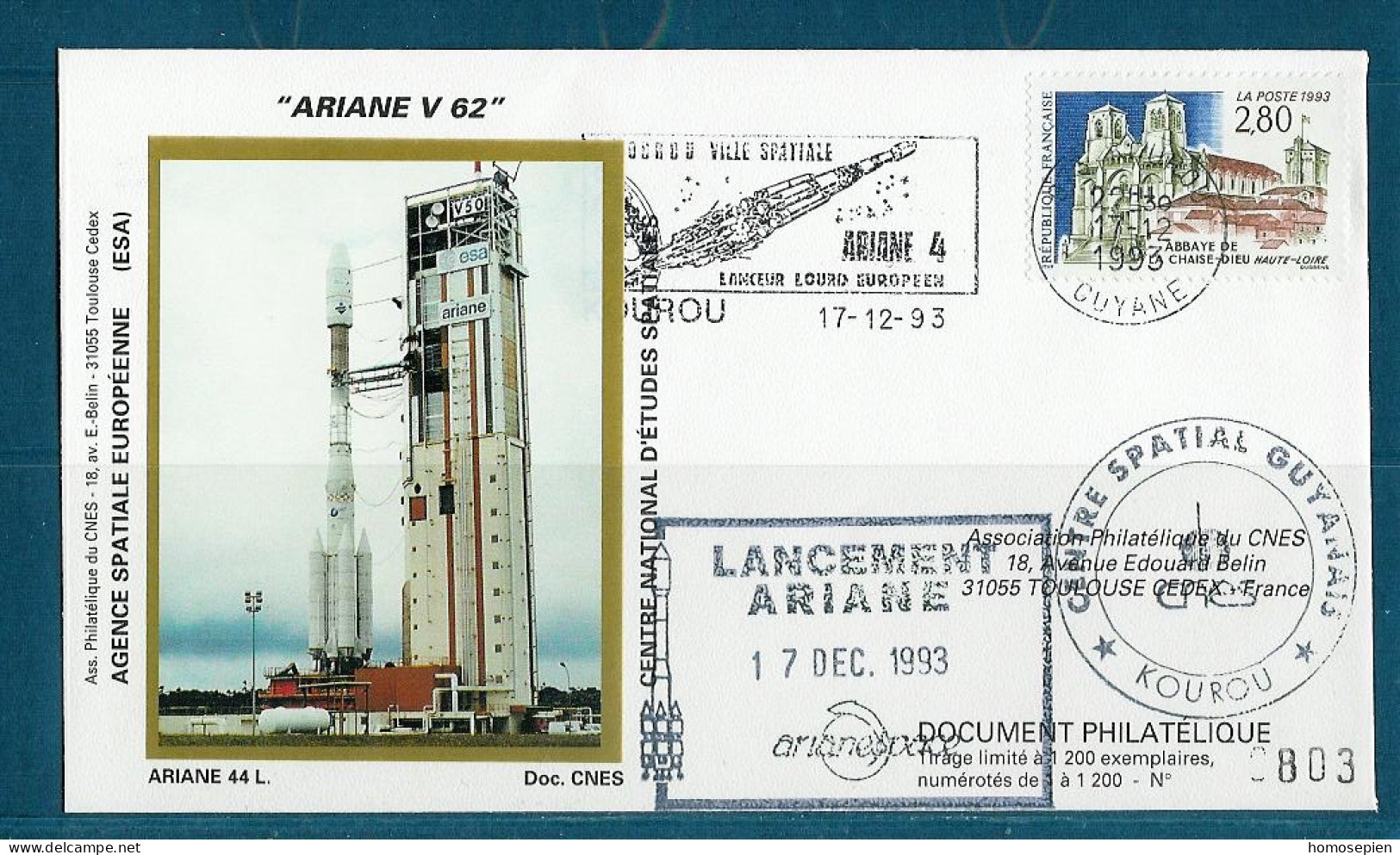FDC & Commemorrativi - Espace 1993 12 17 - CNES - Ariane V62 - pochette complète