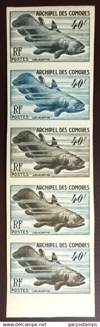 Peces - Comoros Comores 1954 Coelacanth Fish Y&T 13 IMPERF Strip of 5 ...