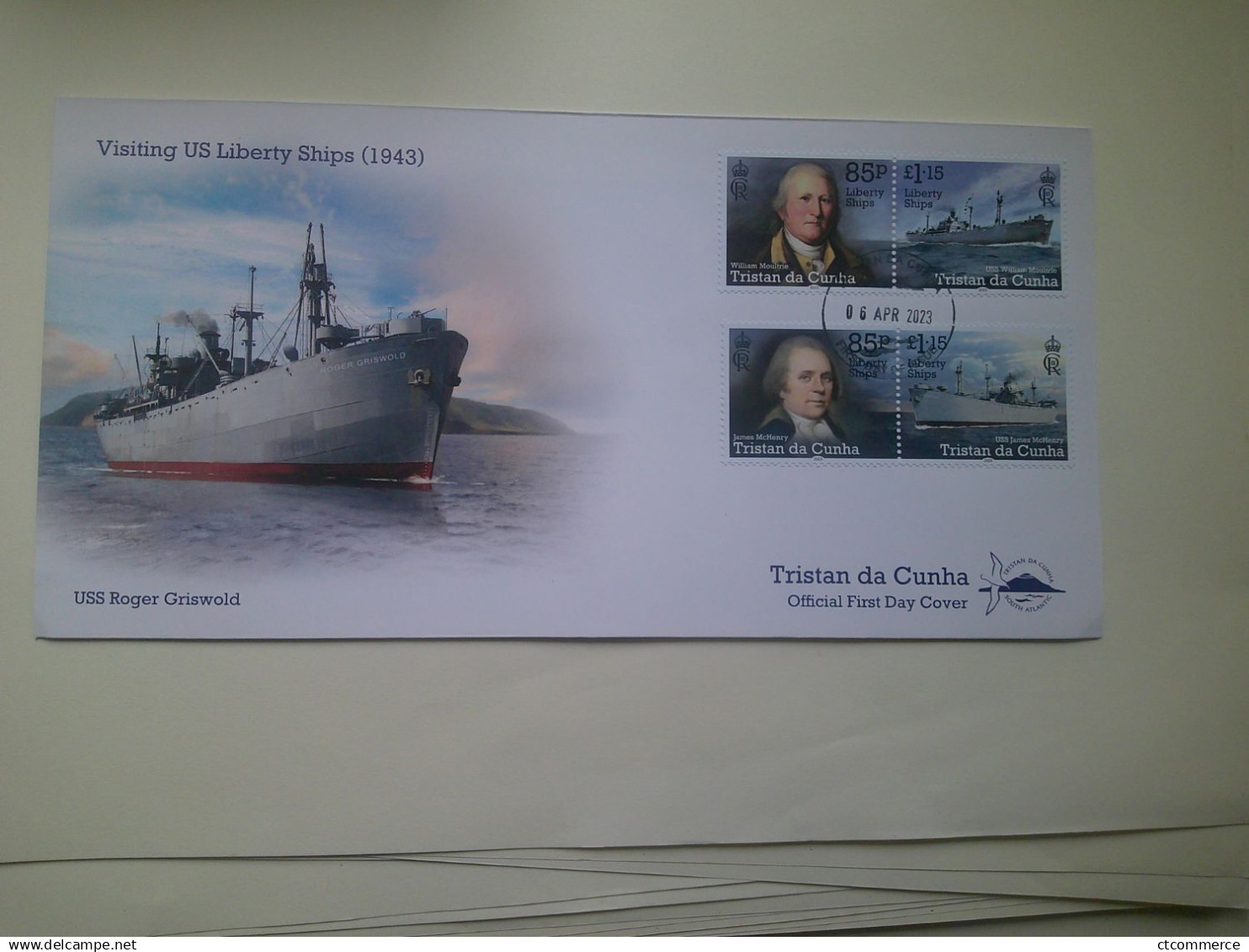 Tristan da Cunha - FDC 6/4/23 visiting US Liberty ships (1943) timbres ...