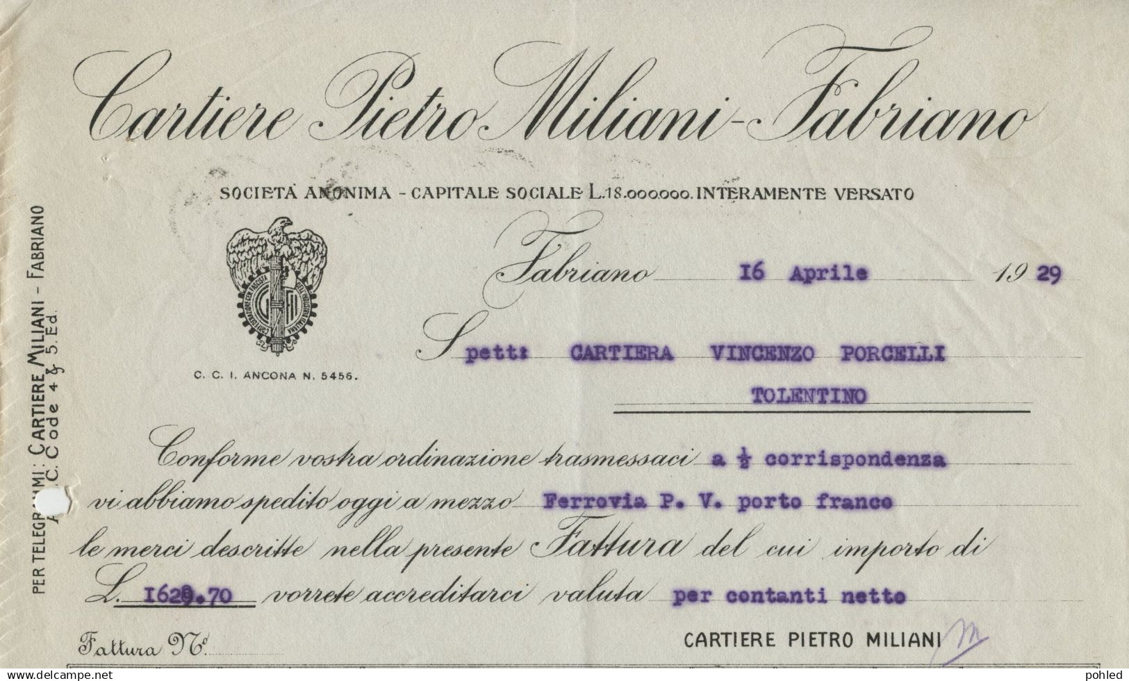 Documentos Históricos - 01767*ITALIA*FABRIANO*FATTURA*CARTIERE PIETRO ...